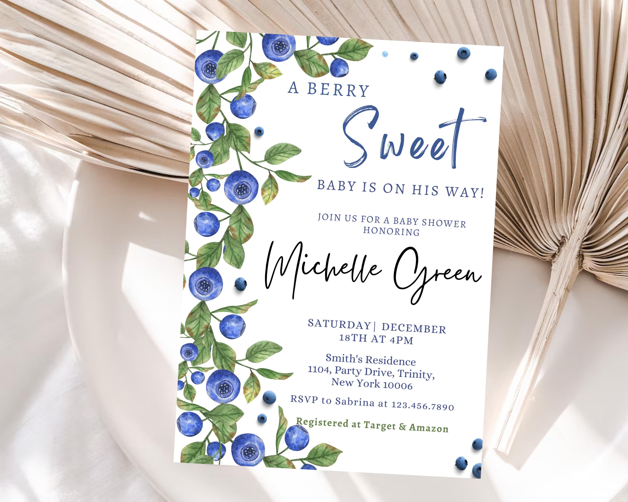 Editable Blueberry Baby Shower Invitation Bundle, Berry Sweet Blueberry ...