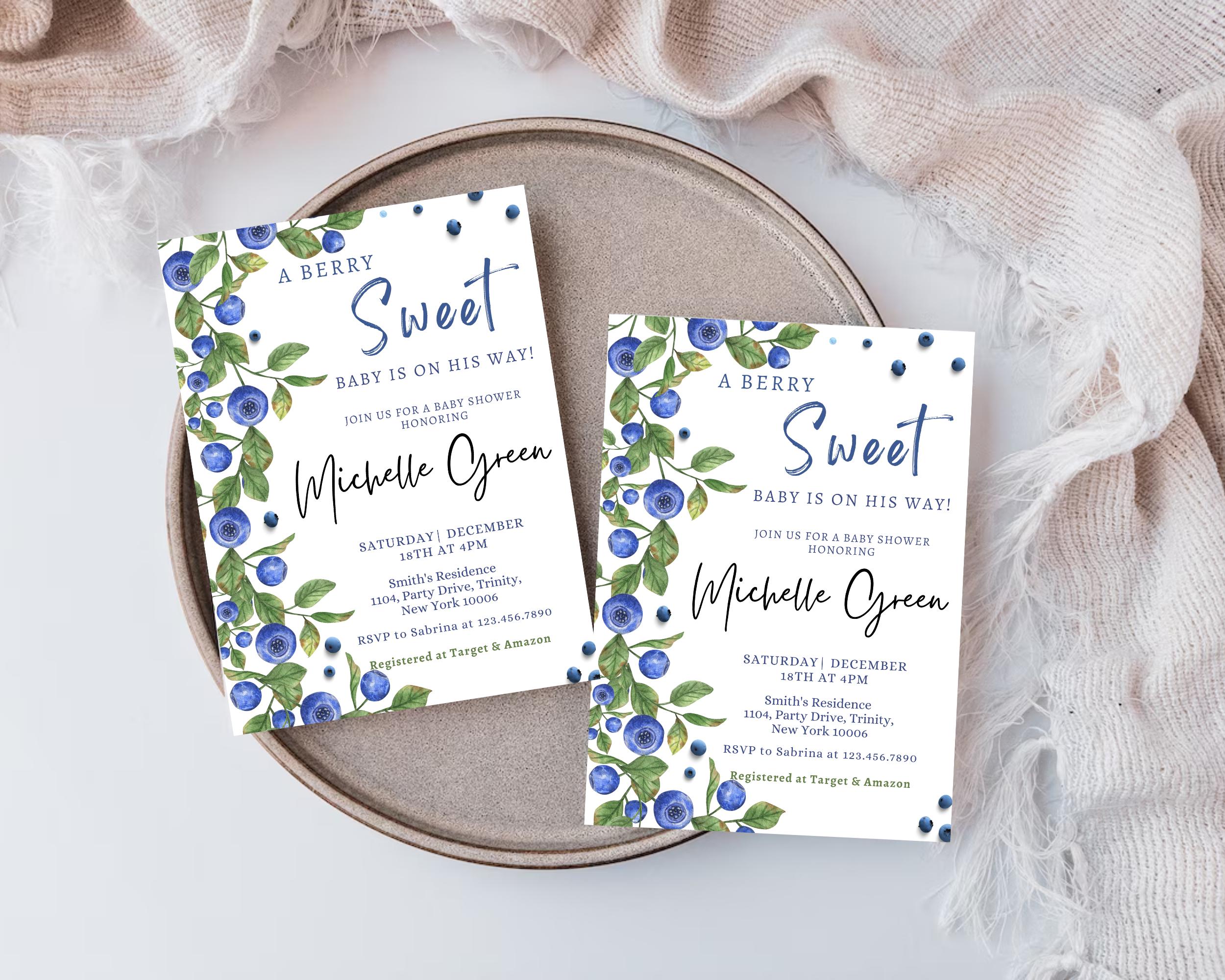 Editable Blueberry Baby Shower Invitation Bundle, Berry Sweet Blueberry ...