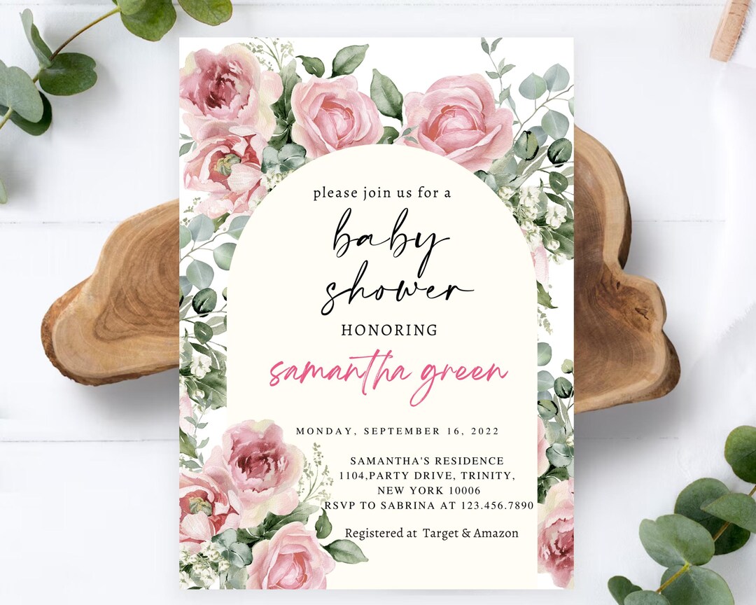 Pink Rose Baby Shower Invitation Template Pink Floral Baby Shower ...