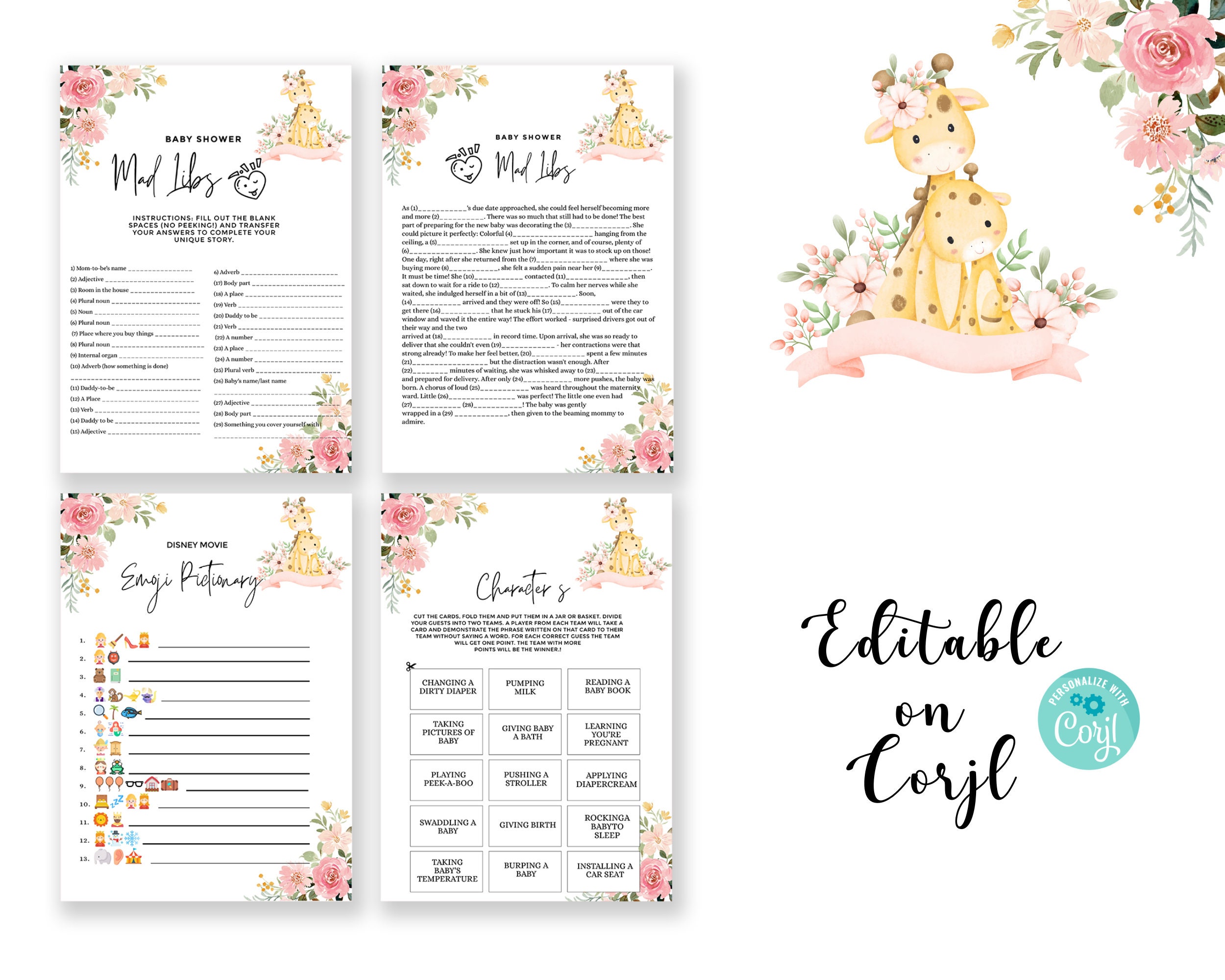 Editable Giraffe Baby Shower Game Set, Baby Giraffe Invites, Safari ...