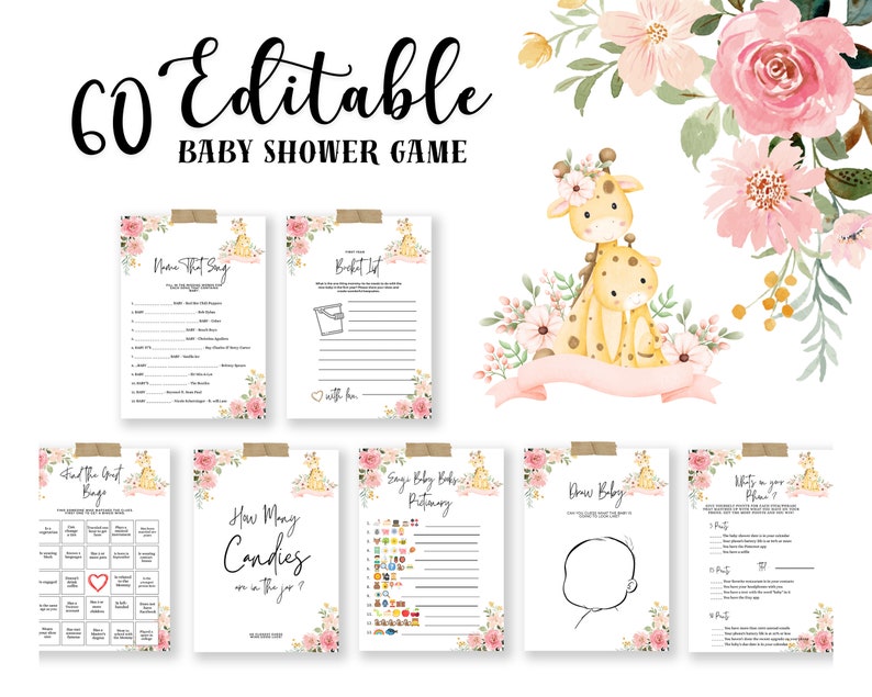 Editable Giraffe Baby Shower Game Set, Baby Giraffe Invites, Safari ...