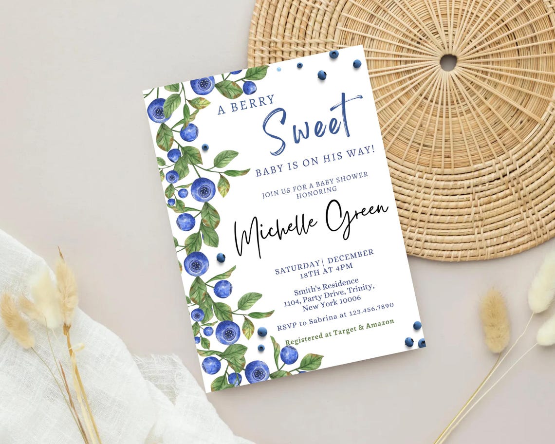 Editable Blueberry Baby Shower Invitation Bundle, Berry Sweet Blueberry ...