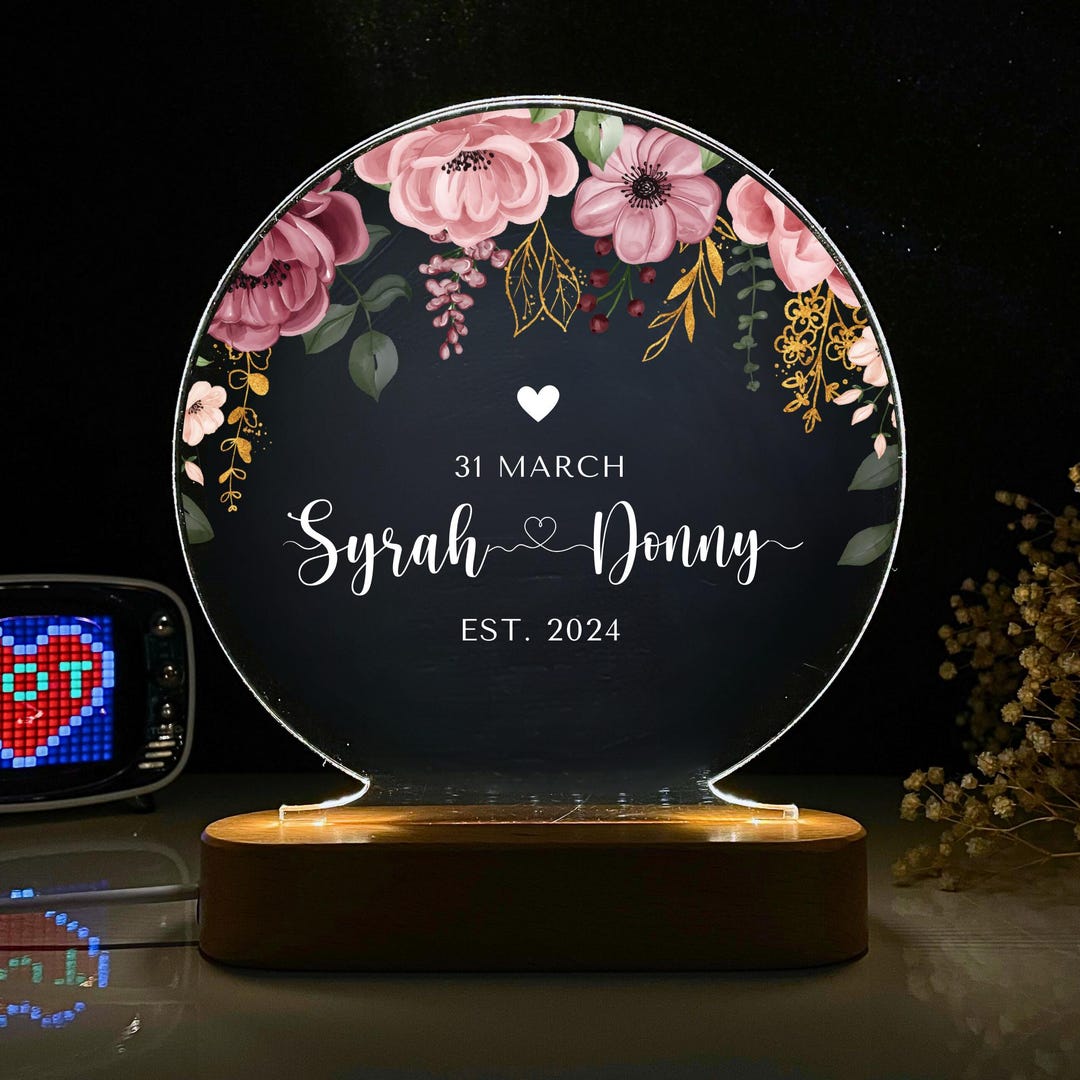 Personalized Floral Lamp - Custom Wedding Date & Name LED Night Light ...
