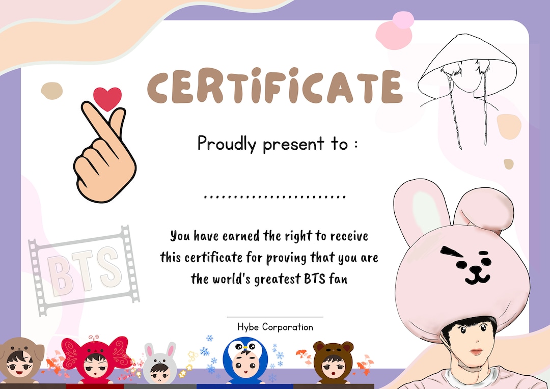 EDITABLE BTS Certificate, Digital Certificate, Digital Print, Kpop Gift ...