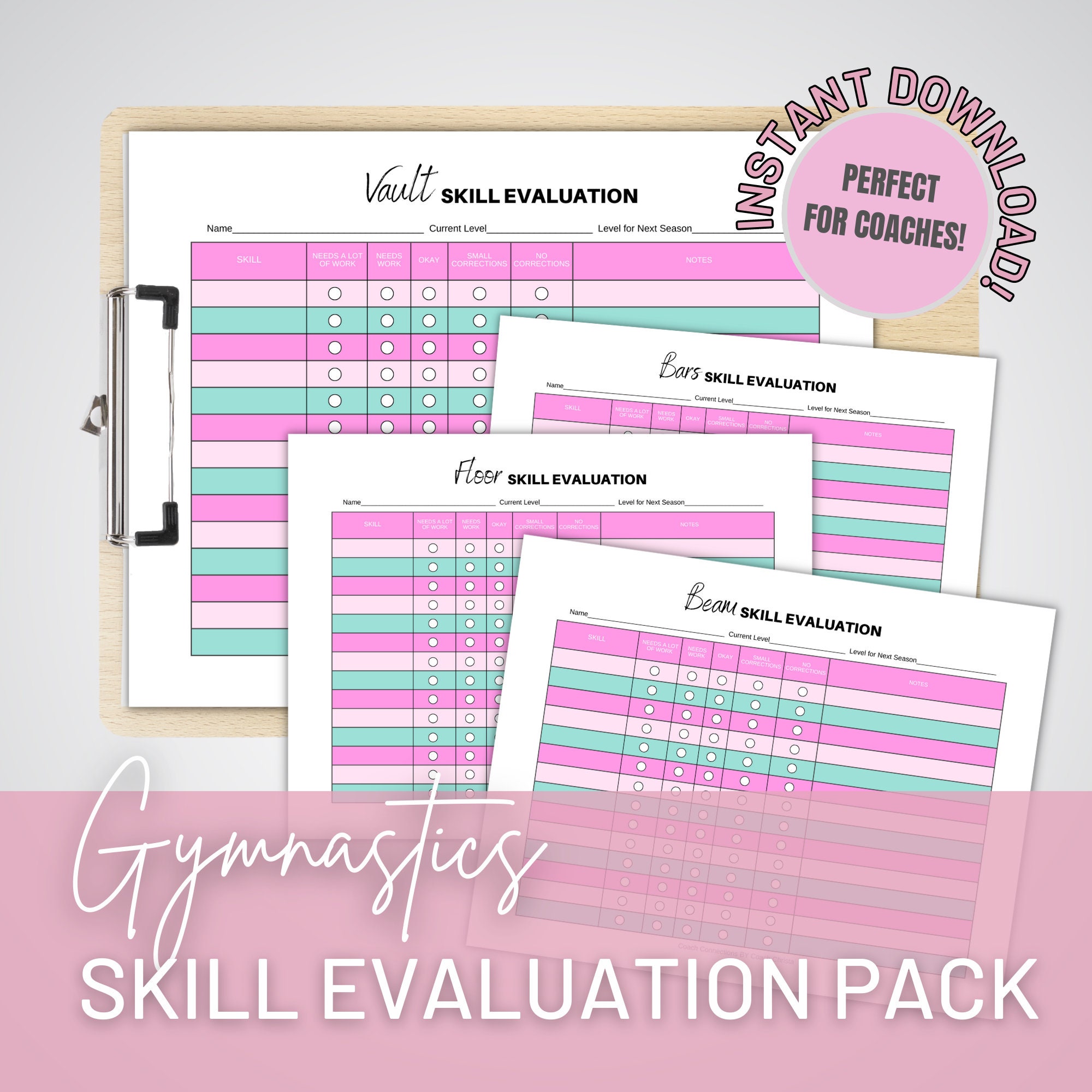 Gymnastics Skill Evaluation Sheet, Skill Evaluation Pack, Gymnastics ...