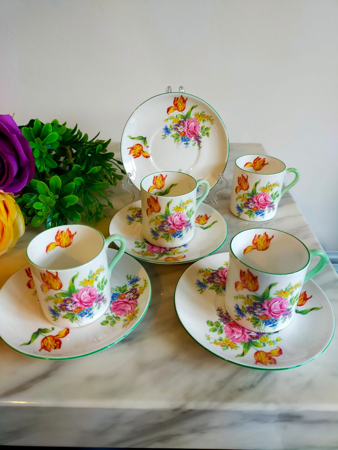 Set of 4 Coffee Cans by Shelley in Mocha Shape. Crocus and Roses ...