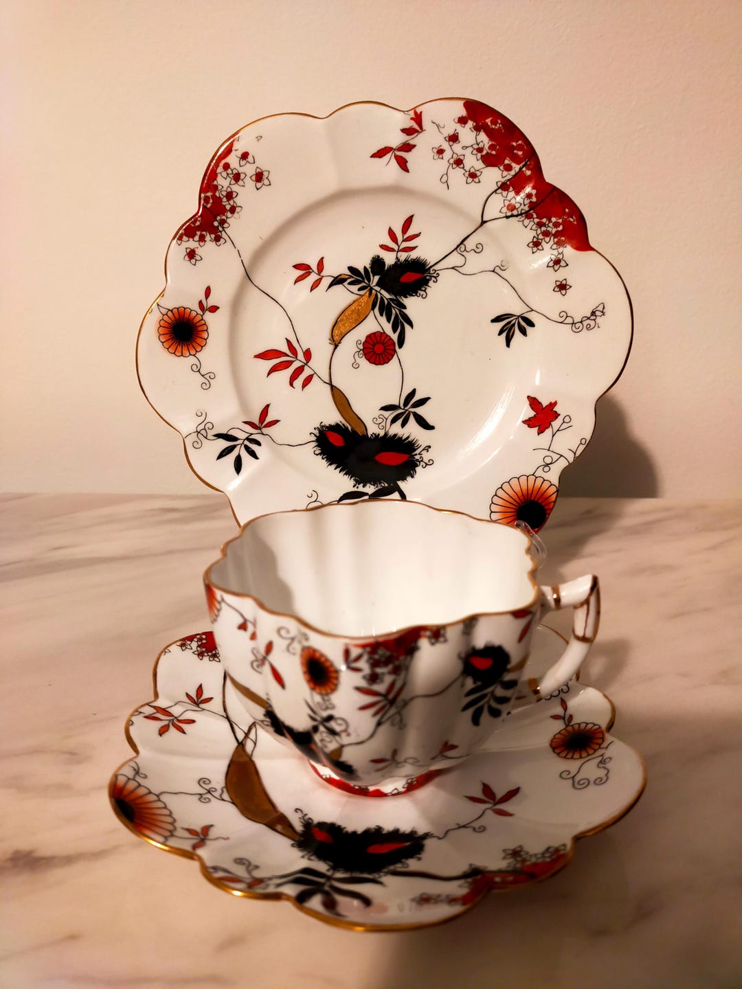 Wileman Foley Teacup Trio Birds Nest Pattern C.1890 Floral Teacup Trio ...