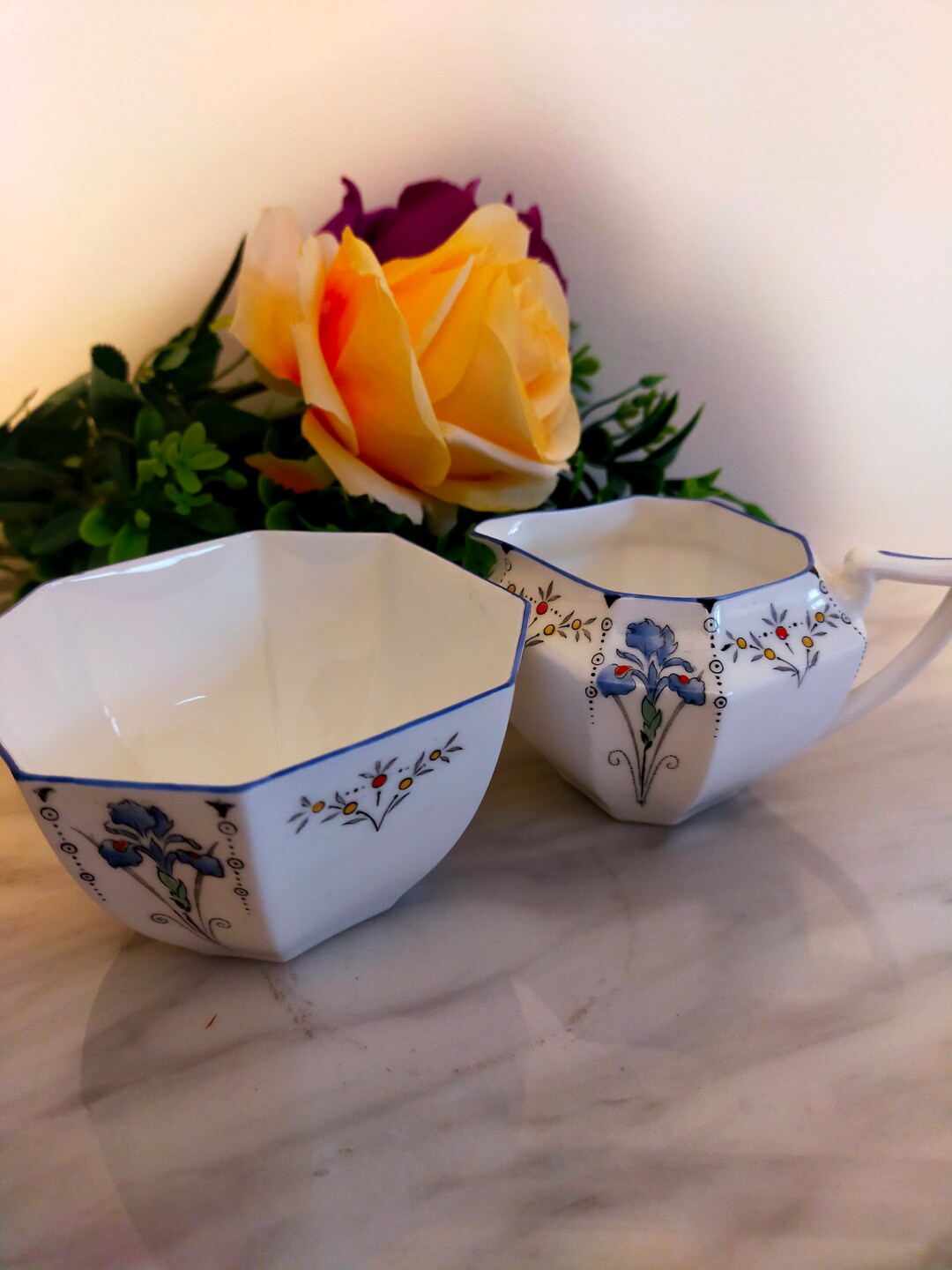 Shelley Blue Iris Pattern Queen Anne Shape Jug and Bowl Coffee Size ...