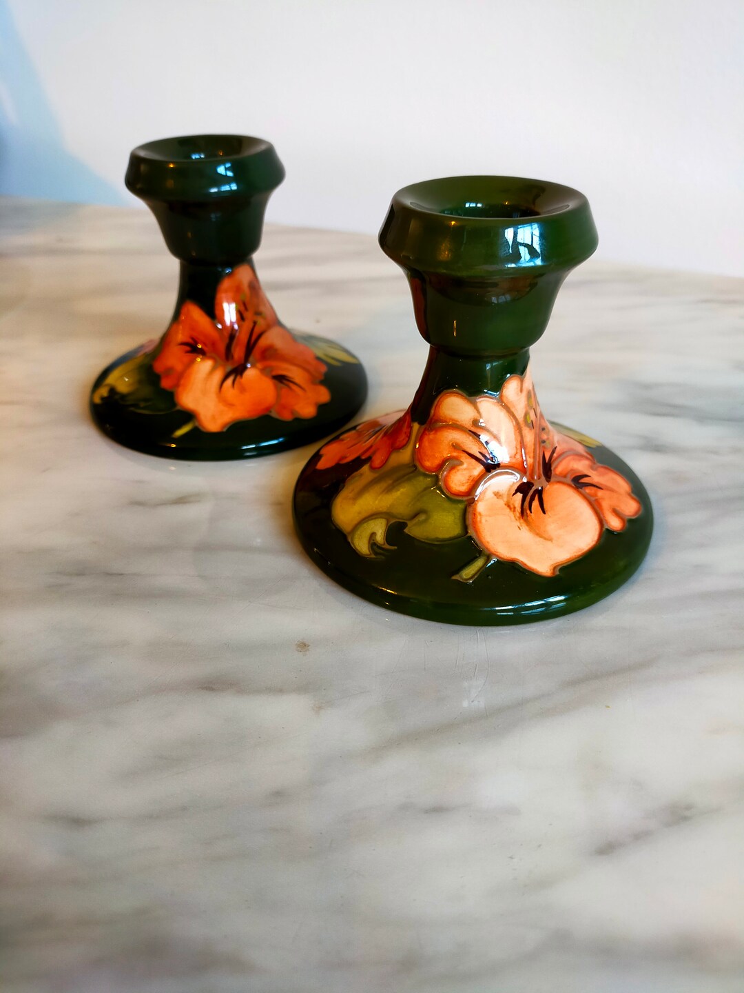 Moorcroft Candlesticks Are in the 70's Style Vibrant Hibiscus Pattern ...