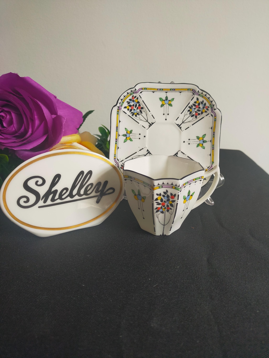 Vintage Shelley Demitasse Cup and Saucer, Queen Anne Shape, Black ...