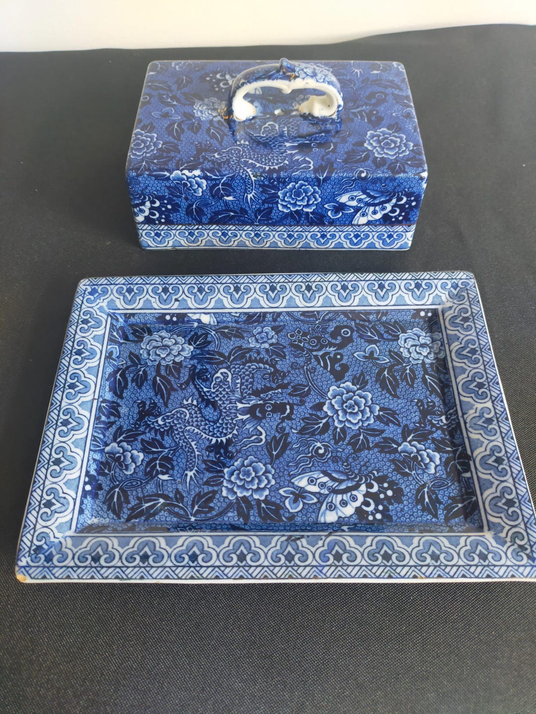 Shelley Blue Dragon Butter Dish Butterfly and Flowers Pattern Vintage ...