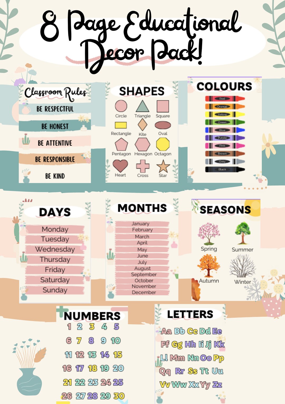 Educational Decor Pack: Classroom Posters, Shapes, Colors (digital ...