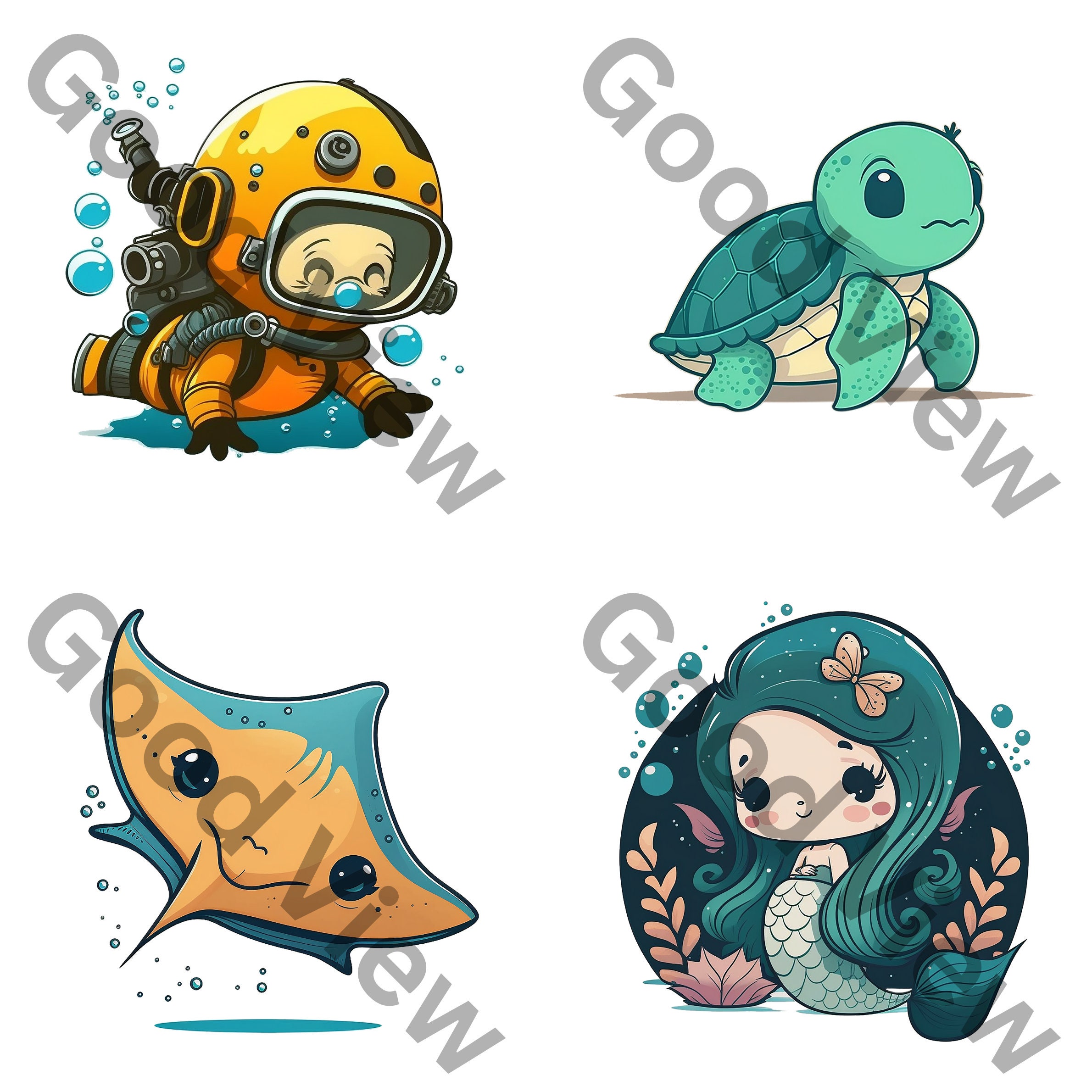 33 Cute Sea Life Clipart. Kawaii Mermaids Clipart Cute Sea - Etsy