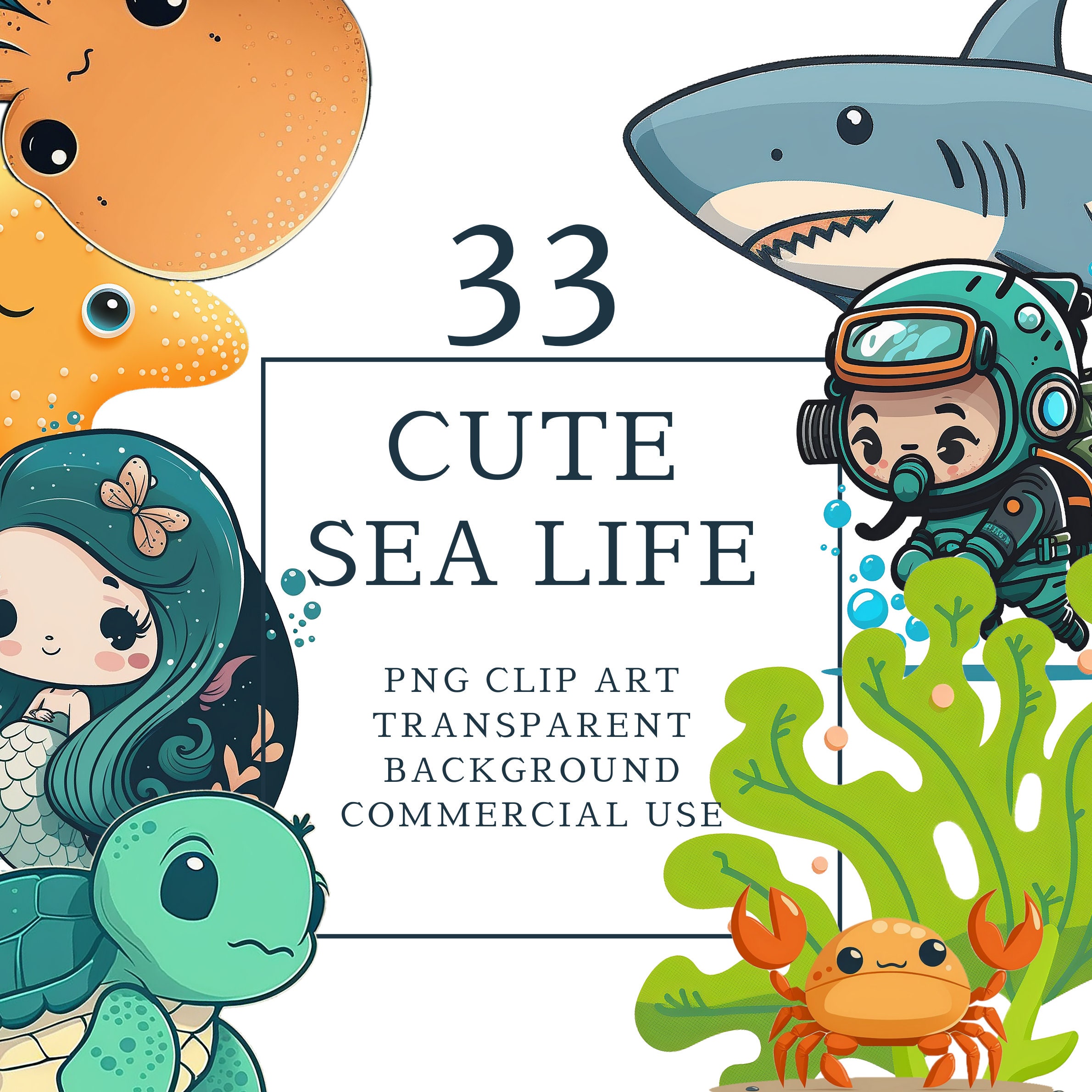 33 Cute Sea Life Clipart. Kawaii Mermaids Clipart Cute Sea - Etsy