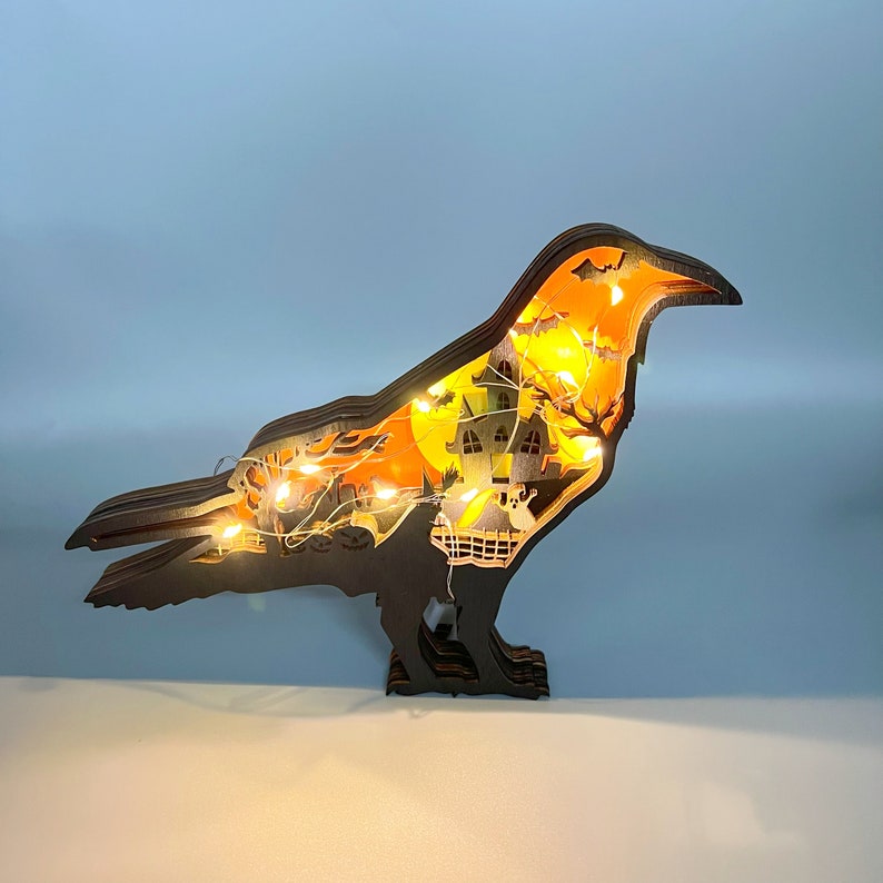3D Carved Wooden Raven Lamp-dark Beauty of Nature Into Your Space ...