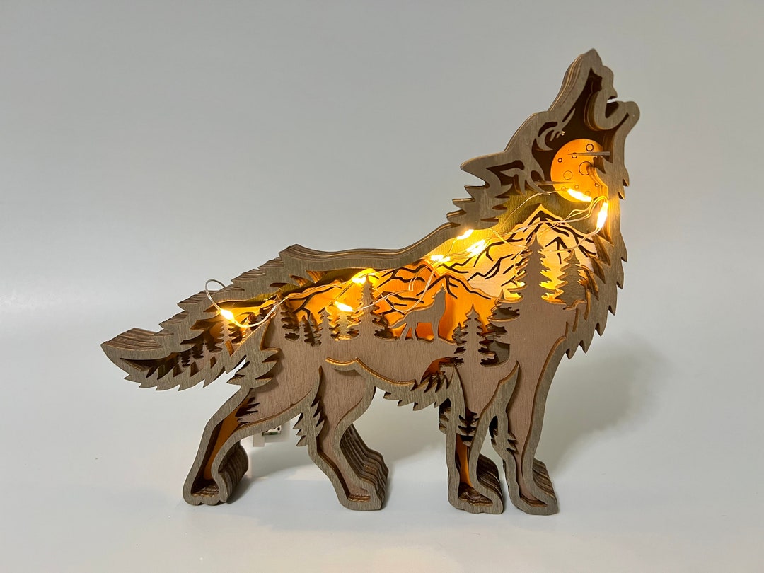 Wooden Carving Animal, Illuminate Your Space With 3D Carved Wooden Wolf ...