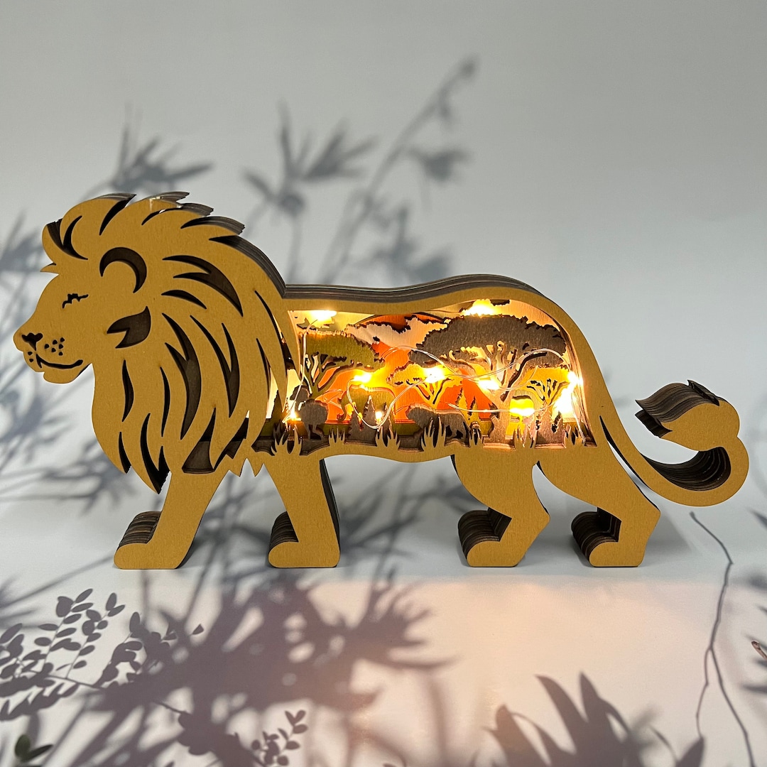 3D Carved Lion Wooden LED Lamp,custom Wooden Lion for Kids,forest ...
