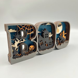3D Carved Wooden BOO Sign Lamp, Halloween/christmas Ornament Carvings ...