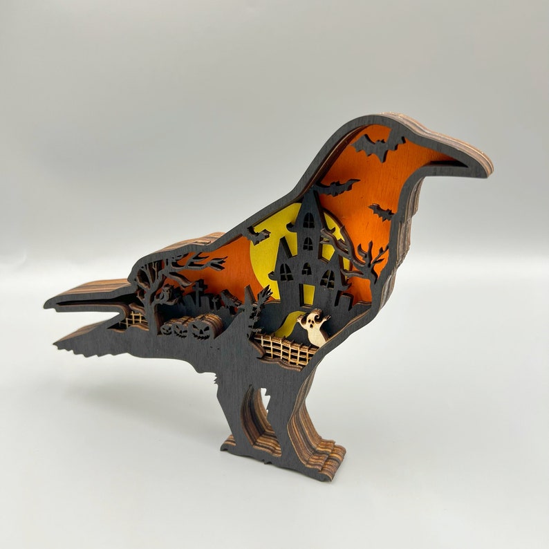3D Carved Wooden Raven Lamp-dark Beauty of Nature Into Your Space ...