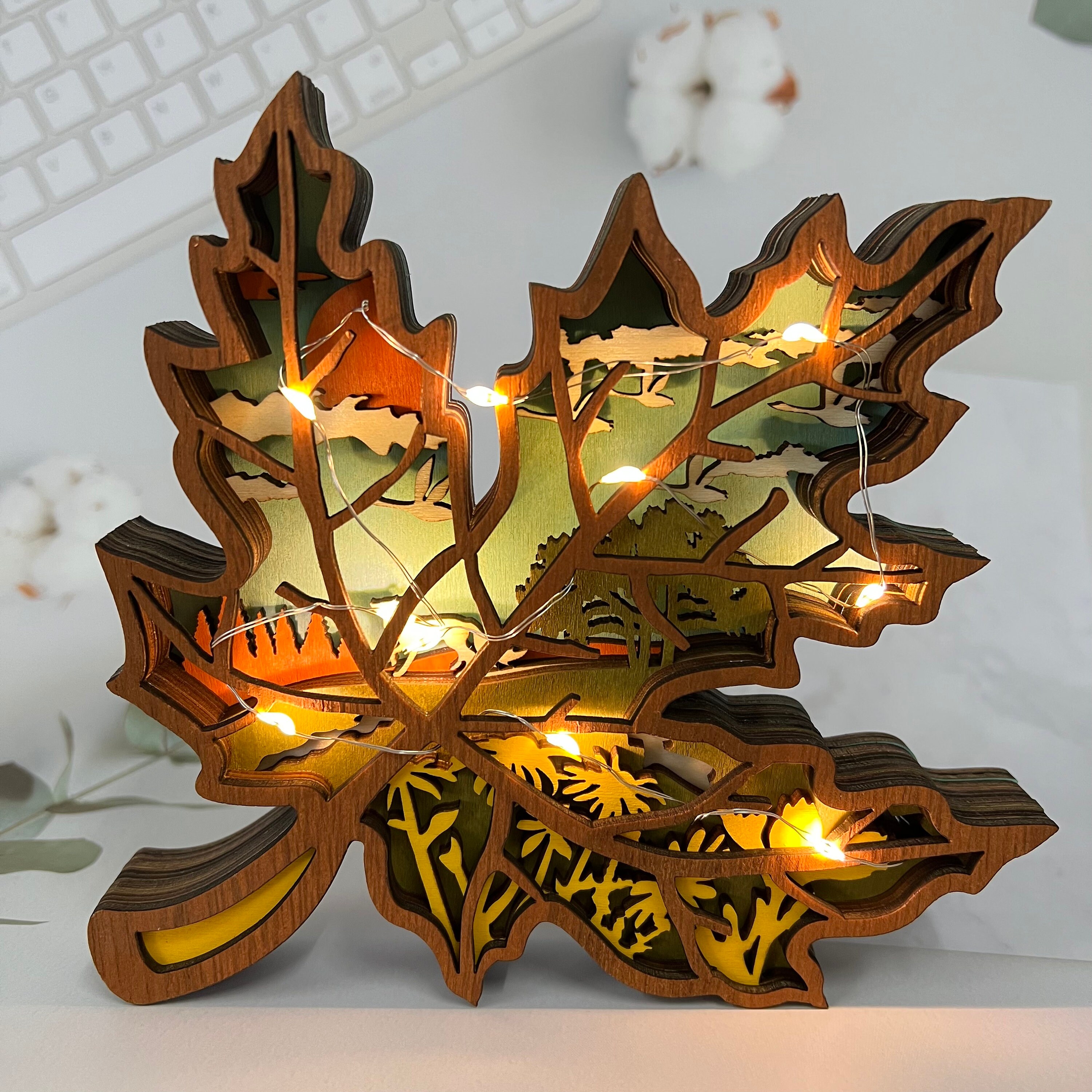 Exquisite 3D Carved Maple Leaf Lamp, Wooden Nature's Beauty, Luminary ...