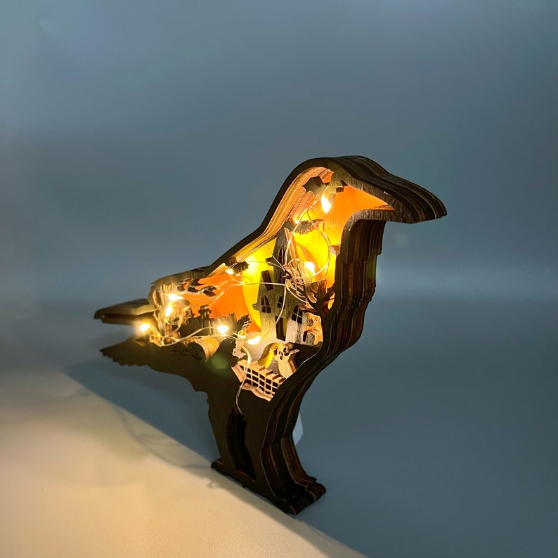 3D Carved Wooden Raven Lamp-dark Beauty of Nature Into Your Space ...