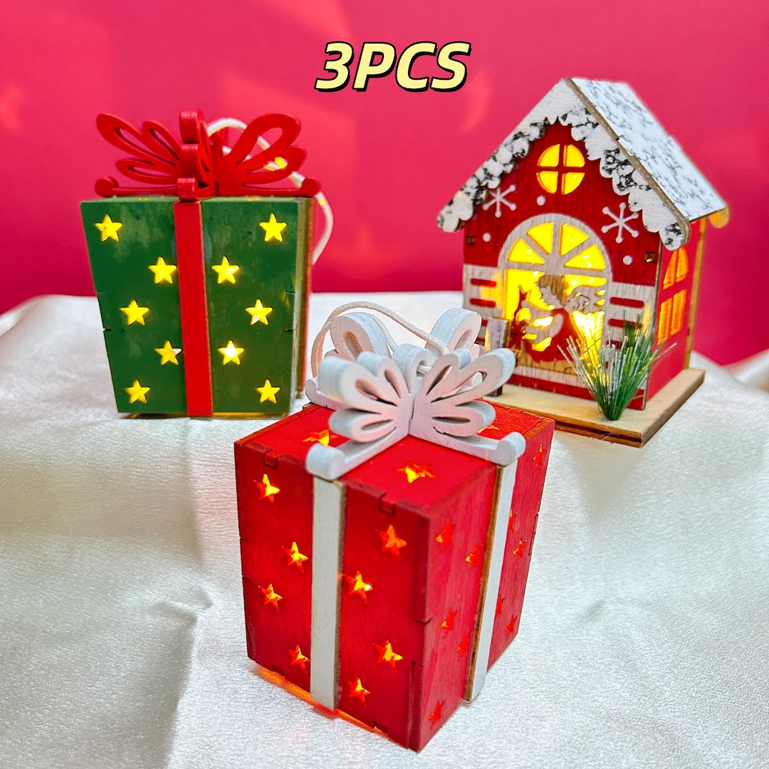 3D Carved Wooden Gift Box and Snow-covered House Décor Lamp/wooden ...
