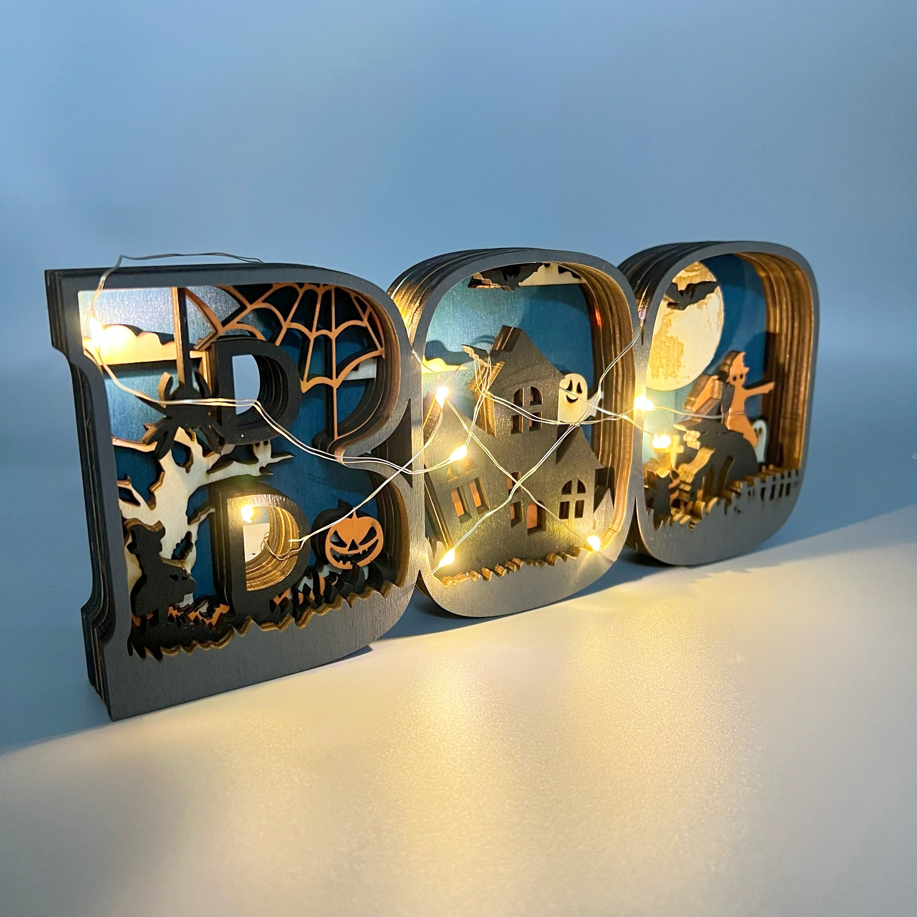 3D Carved Wooden BOO Sign Lamp, Halloween/christmas Ornament Carvings ...