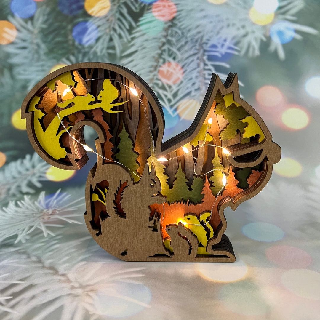 3D Carved Wooden Squirrel Lamp, Warm Illumination,forest Animal ...