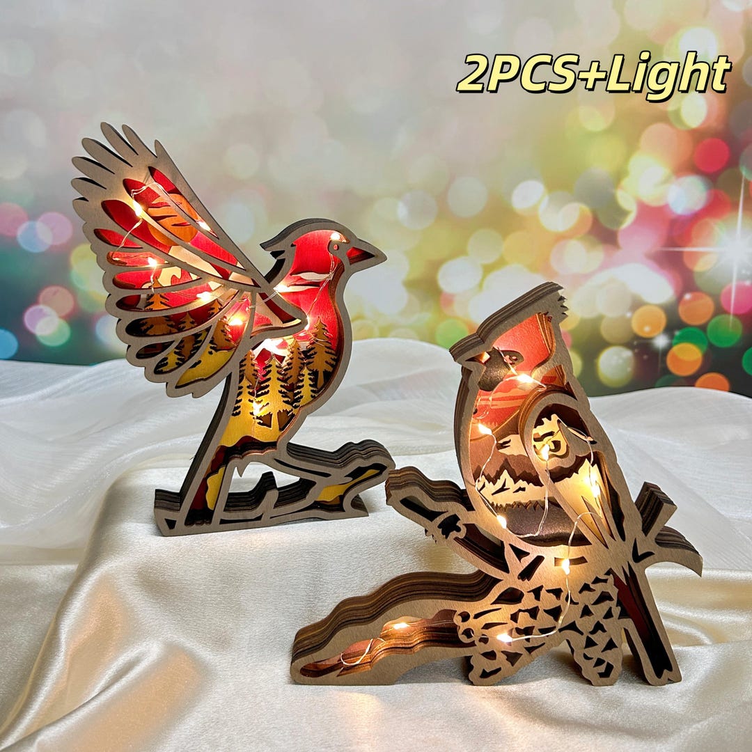 3D Carved Wooden Red Bird Decor Lamp/christmas Ornament Carvings Lights ...