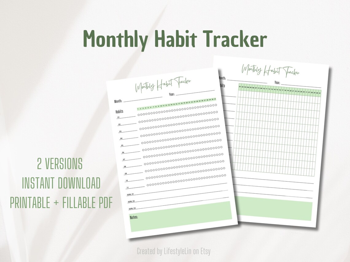 Monthly Habit Tracker Template - Printable and Fillable PDF, Instant ...