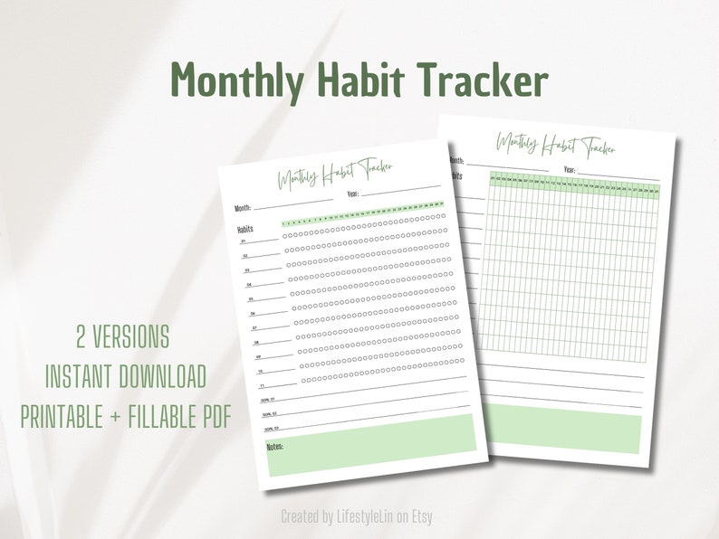 Monthly Habit Tracker Template - Printable and Fillable PDF, Instant ...