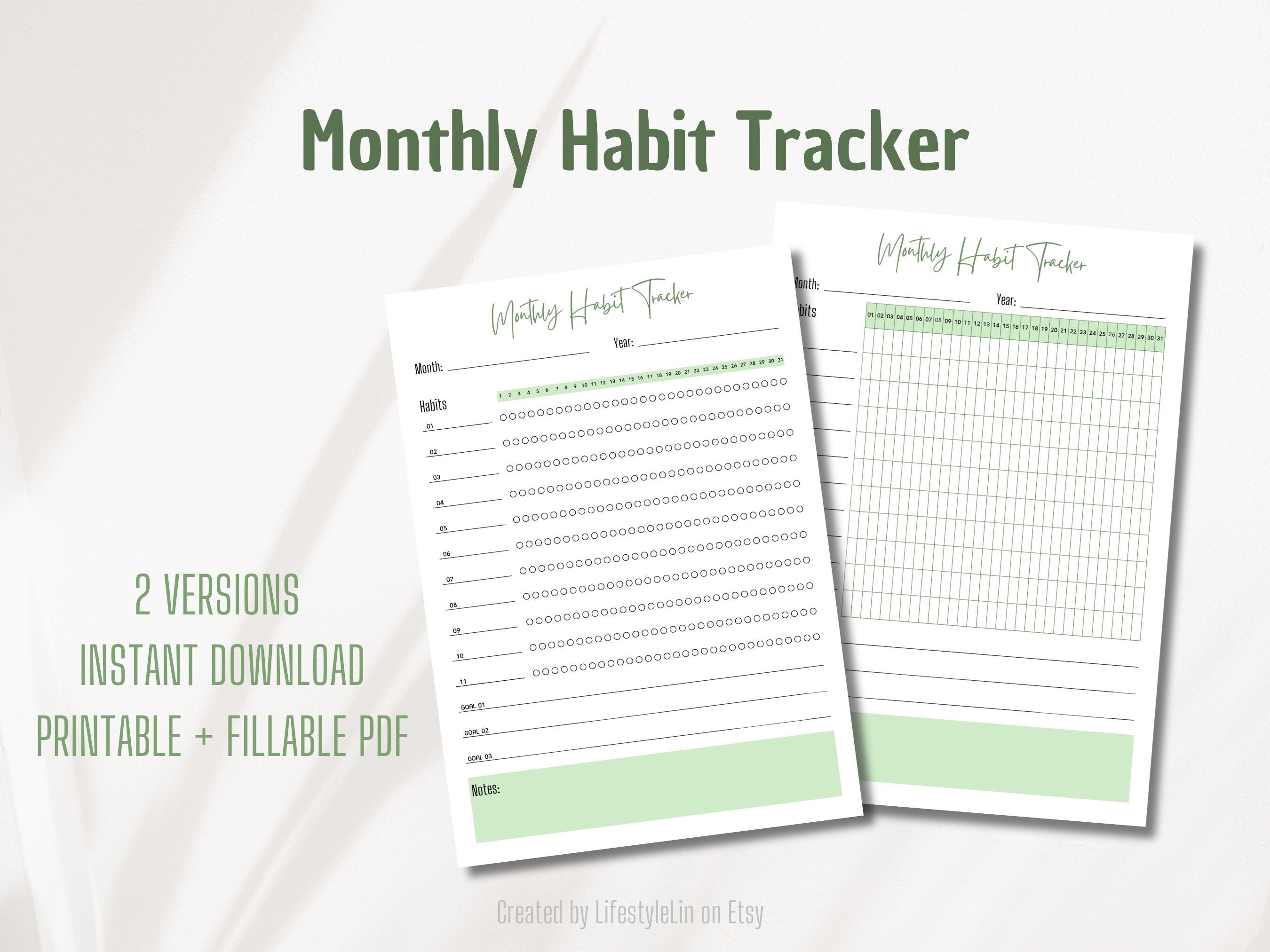 Monthly Habit Tracker Template - Printable and Fillable PDF, Instant ...