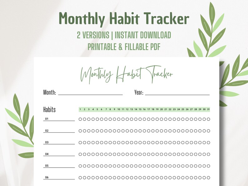 Monthly Habit Tracker Template - Printable and Fillable PDF, Instant ...
