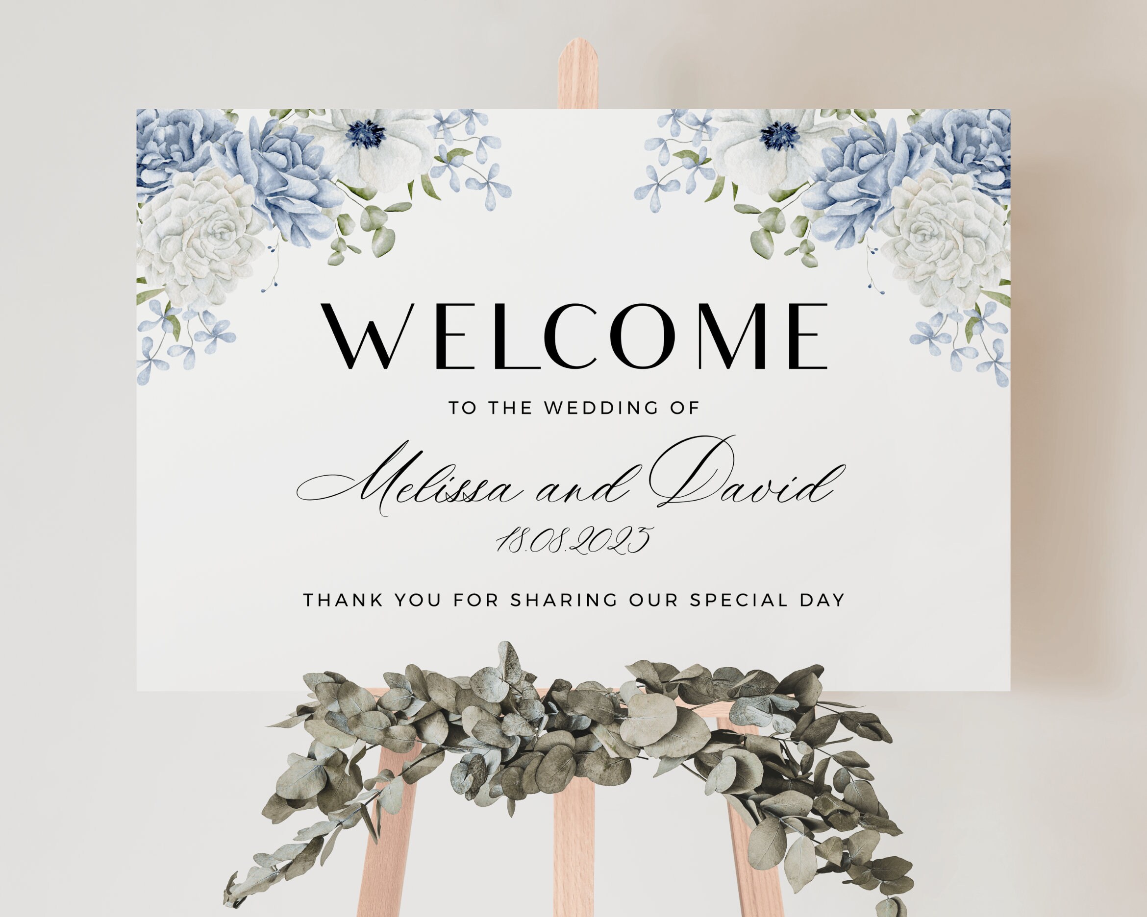 Dusty Blue and Eucalyptus Welcome Sign Template, Light Blue Bridal ...