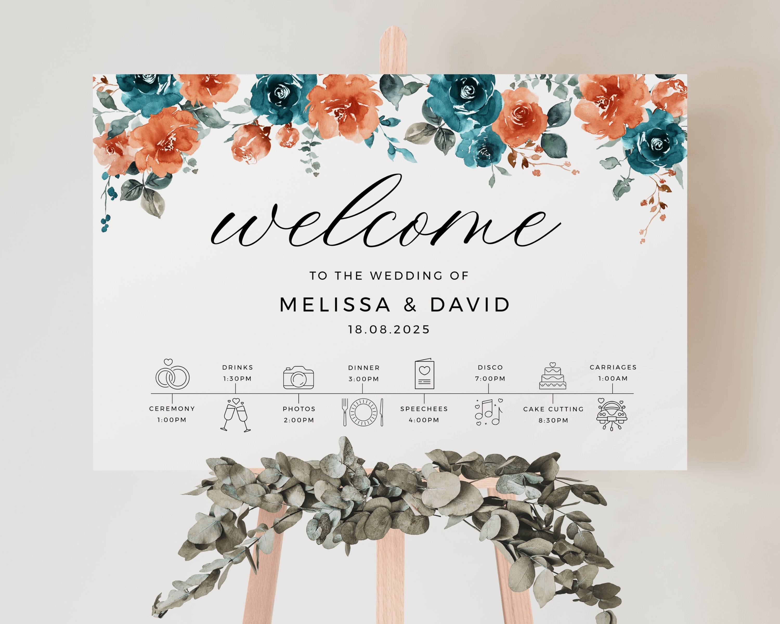 Teal and Orange Welcome Timeline Wedding Sign Template, Autumn ...