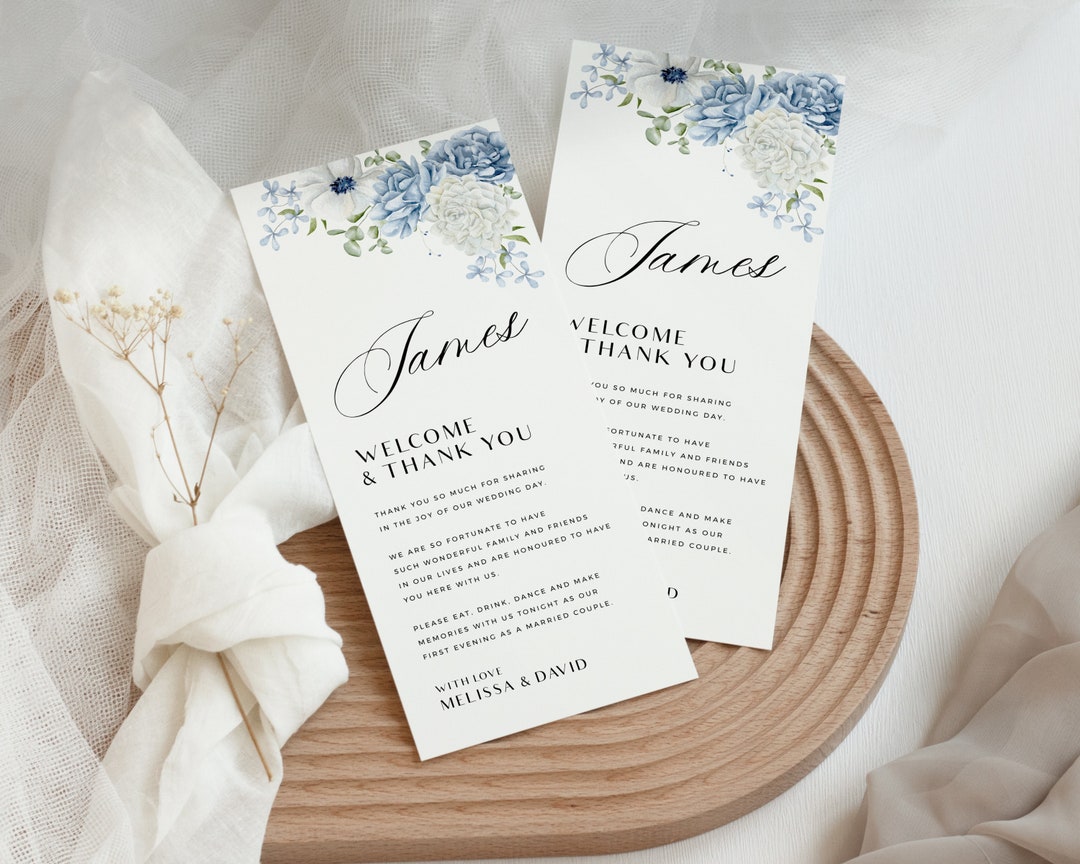 Dusty Blue Thank You Place Card Template Light Blue Floral - Etsy