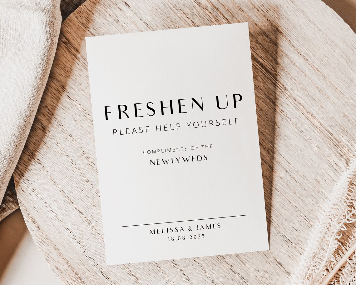 Modern Freshen up Sign Template, Minimalist Wedding Bathroom Basket ...