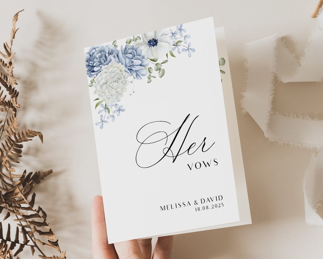 Dusty Blue Vows Booklet Template, Editable Modern Calligraphy His and ...