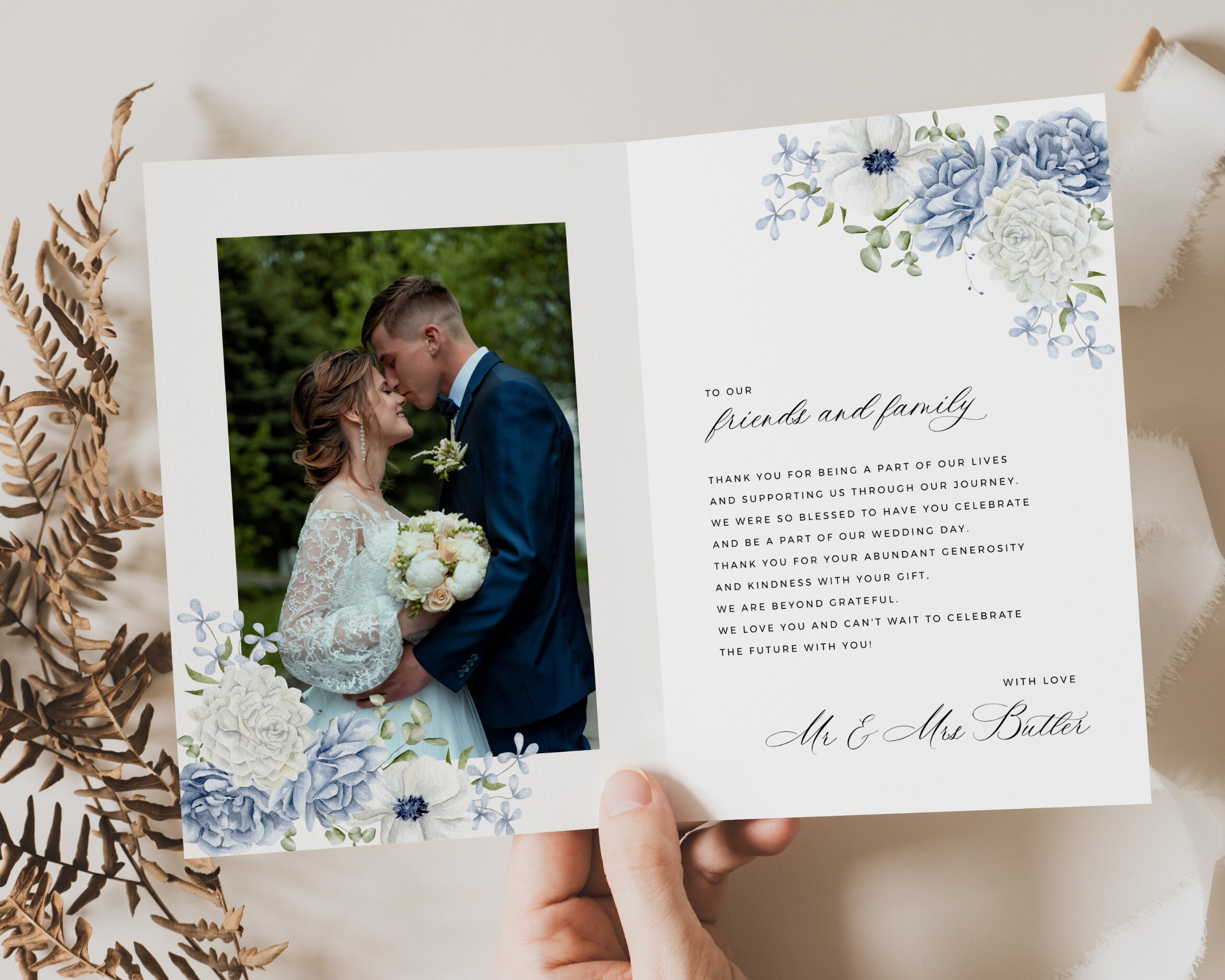 Folded Thank You Card Template With Light Blue Flowers, Dusty Blue ...