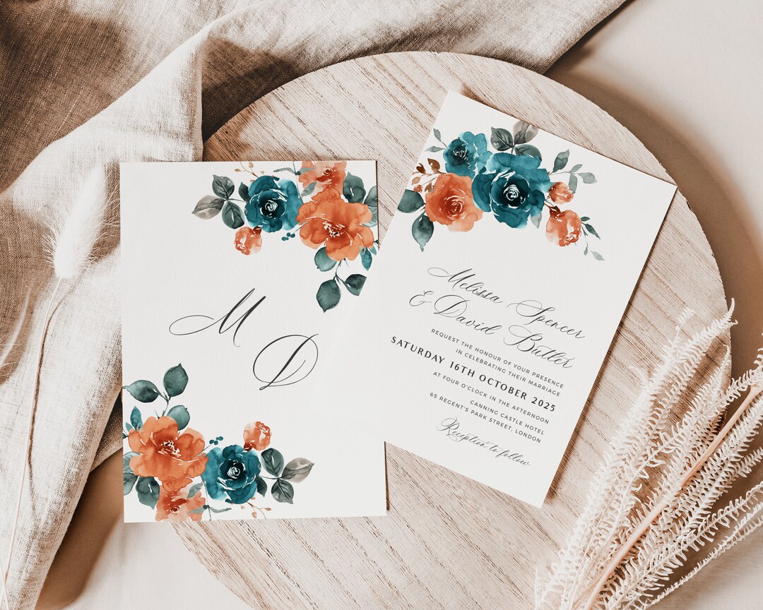 Teal and Orange Wedding Invitation Template, Modern Rustic Fall Invite ...