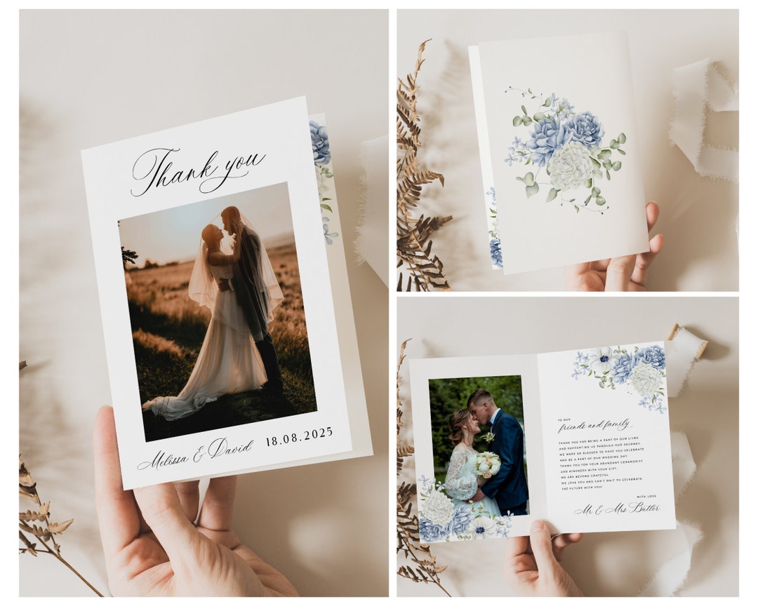 Folded Thank You Card Template With Light Blue Flowers, Dusty Blue ...