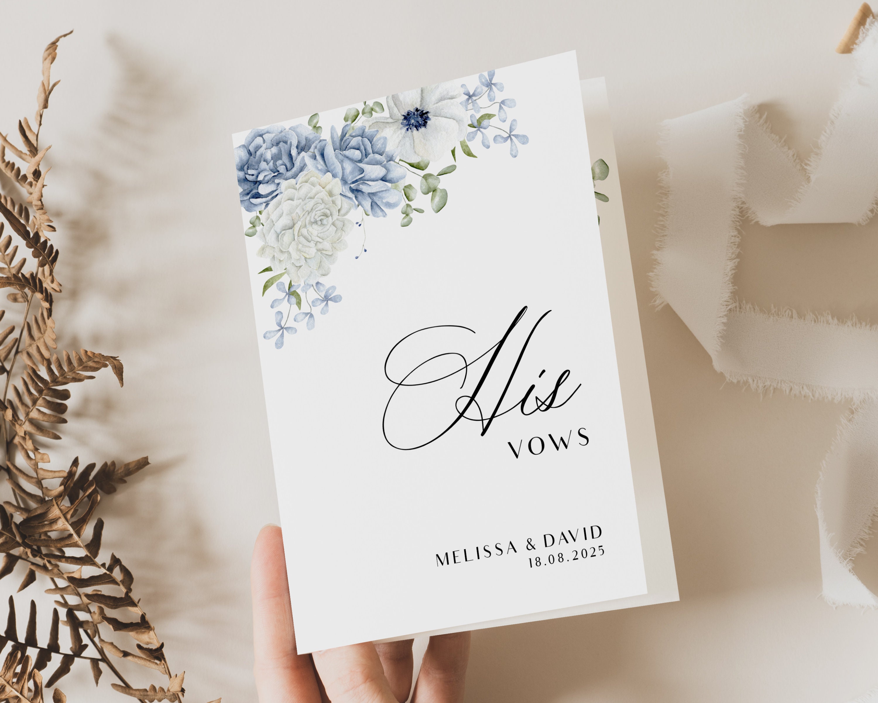 Dusty Blue Vows Booklet Template, Editable Modern Calligraphy His and ...
