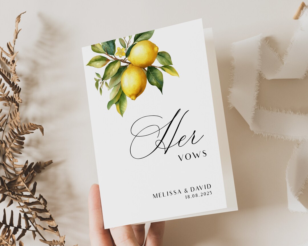 Lemon Vows Booklet Template, Editable Modern Calligraphy His and Her ...