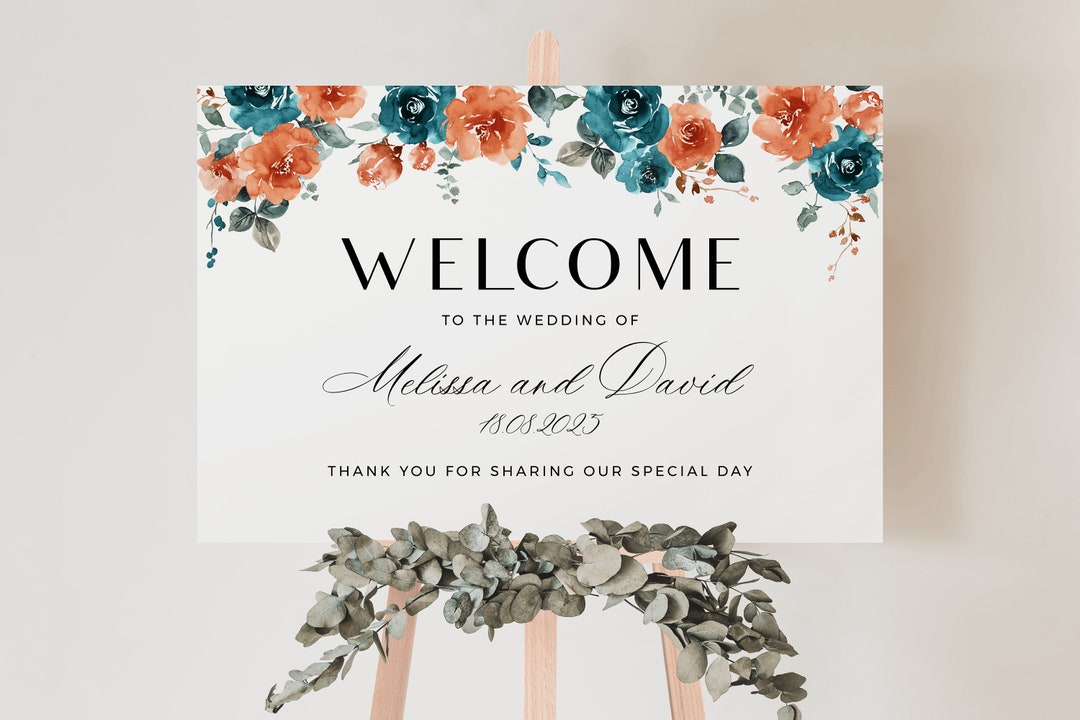 Teal Green and Burnt Orange Welcome Sign Template, Floral Bridal Shower ...