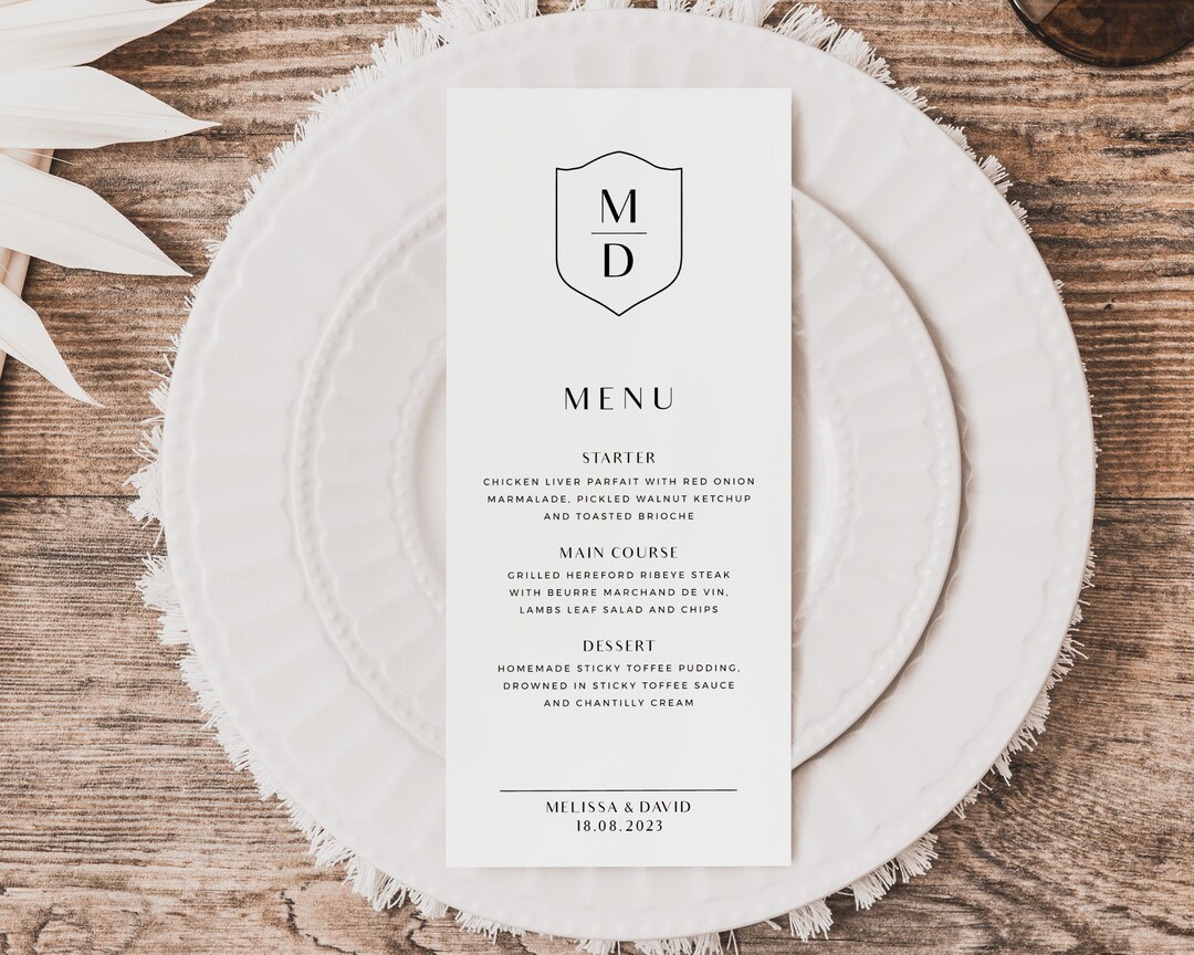 Minimalist Menu With Wedding Crest, Monogram Personalised Menu, Modern ...
