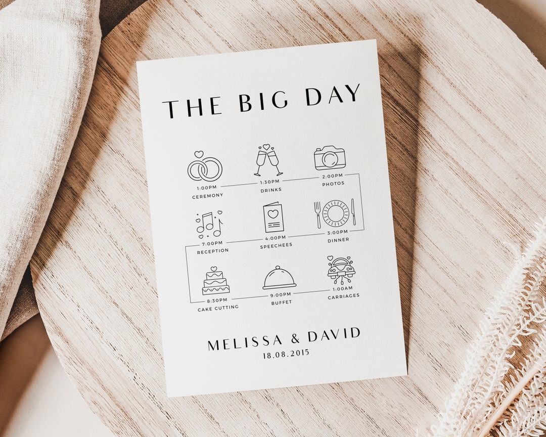 Minimalist the Big Day Timeline Card Template, Simple Wedding ...