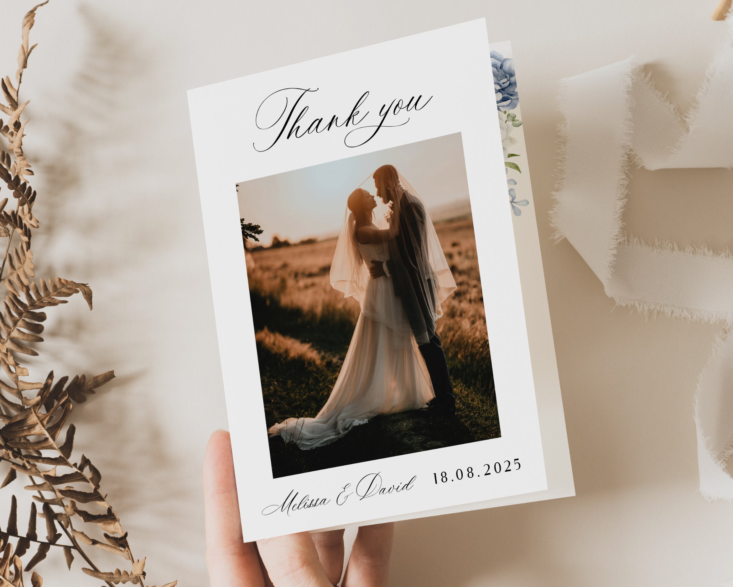 Folded Thank You Card Template With Light Blue Flowers, Dusty Blue ...