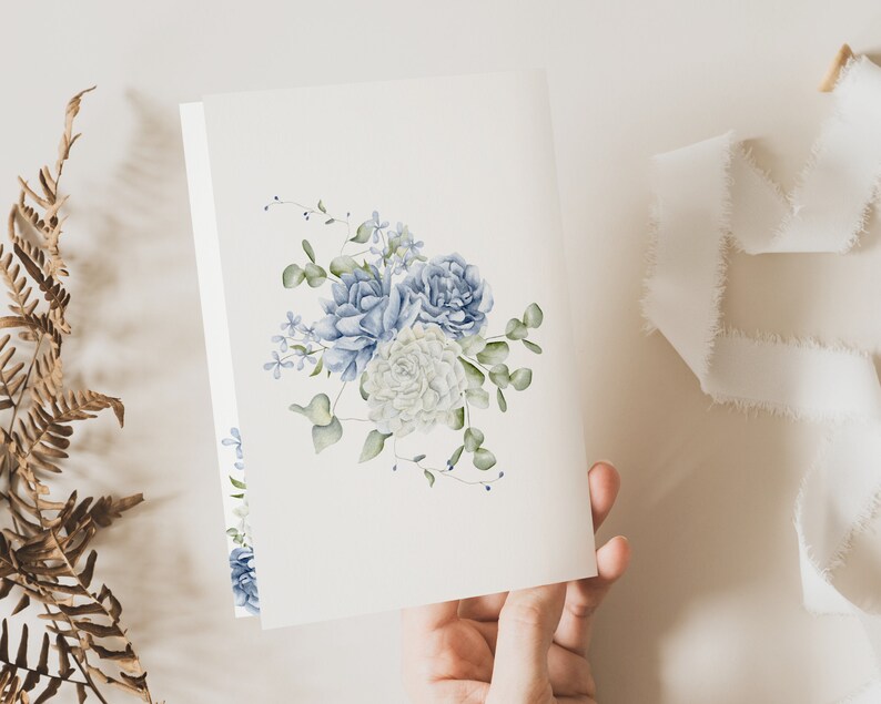 Folded Thank You Card Template With Light Blue Flowers, Dusty Blue ...