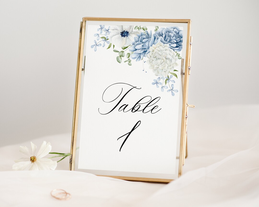 Dusty Blue Table Number Template, Light Blue Floral Printable Table ...