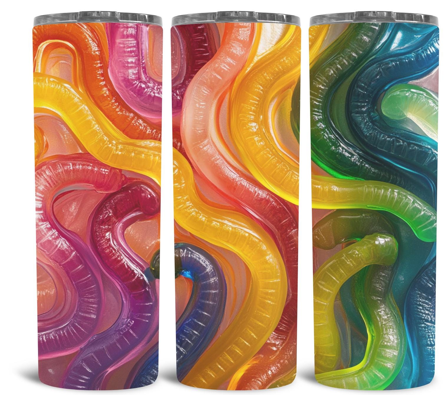 Wiggling Tasty Gummy Worms in a Burst of Color 3D Sublimation Skinny ...
